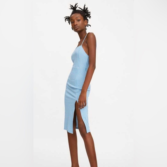 Zara | Dresses | Zara White Blue Checkered Midi Dress Size S | Poshmark